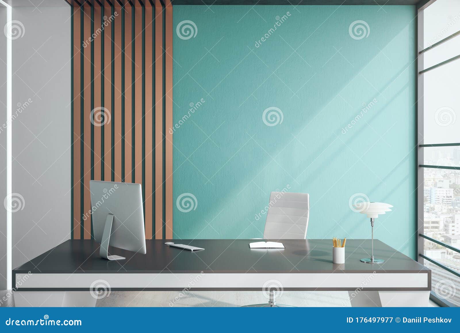 Contemporary Designer Desktop with Empty Computer Screen and Blank Wall ...