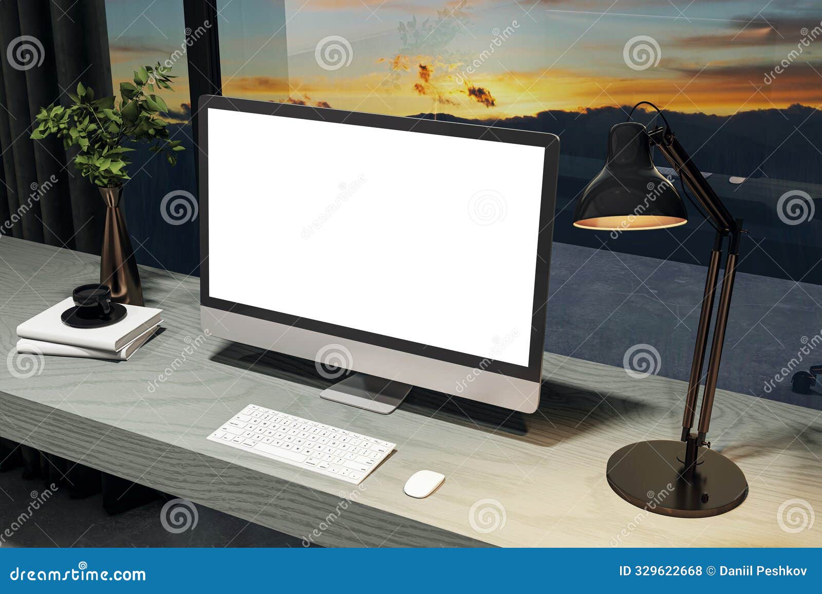 Contemporary Designer Office Interior with Empty White Mock Up Computer ...