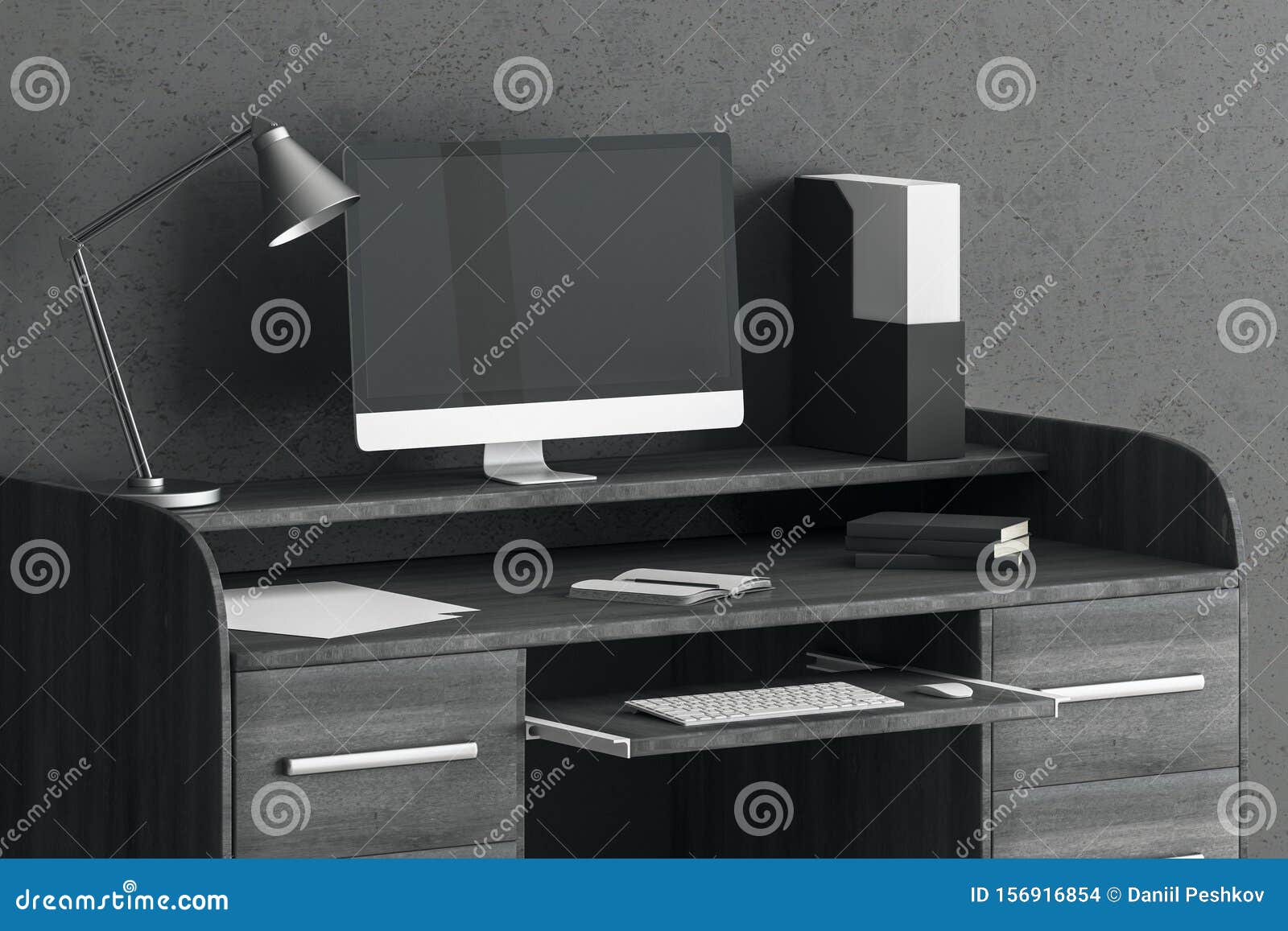 Contemporary Desktop with Computer Stock Illustration - Illustration of ...