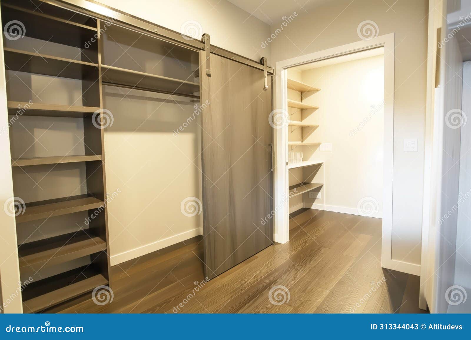 Contemporary Empty Pantry with a Sliding Door Stock Image - Image of ...