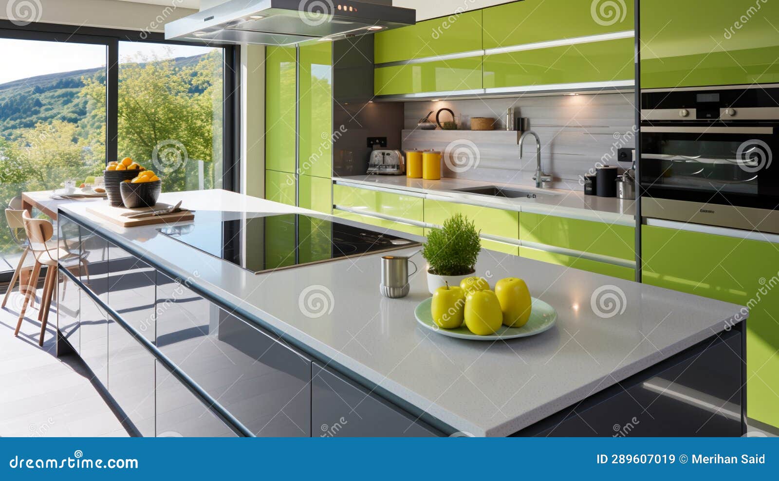 Contemporary Fitted Kitchen in Striking Lime Green, AI Generative Stock ...