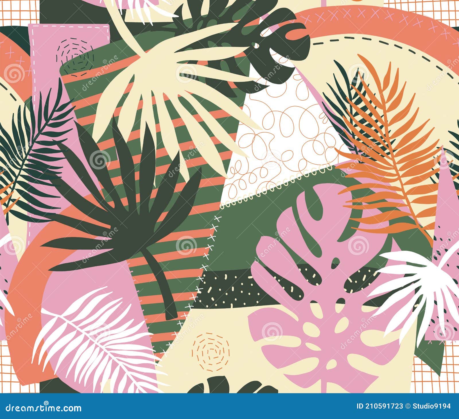 Contemporary Floral Palm Leaves and Abstract Patchwork Collage Shapes ...