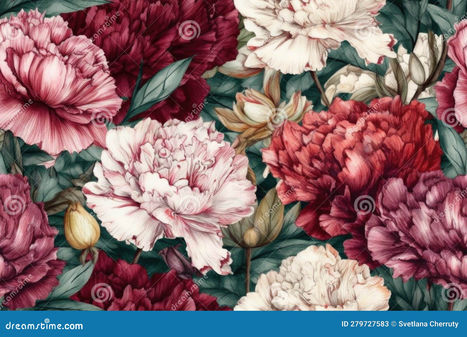 Floral Seamless Pattern of Carnations. Watercolor Elegant Flowers ...