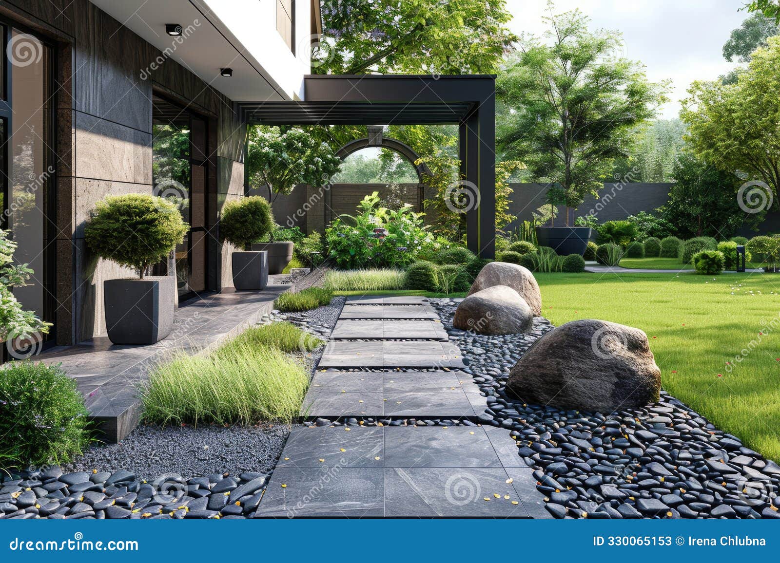 A Contemporary Garden Pathway Decorated with Large Stones Stock ...