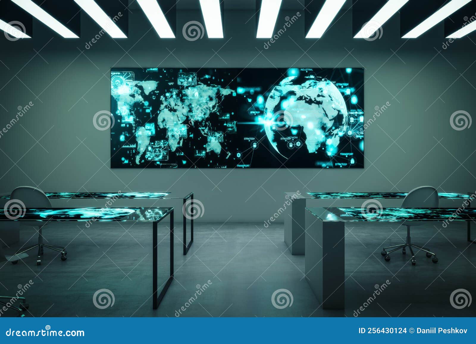 Contemporary Gray Interior with Interactive Screens on Wall and Desks ...