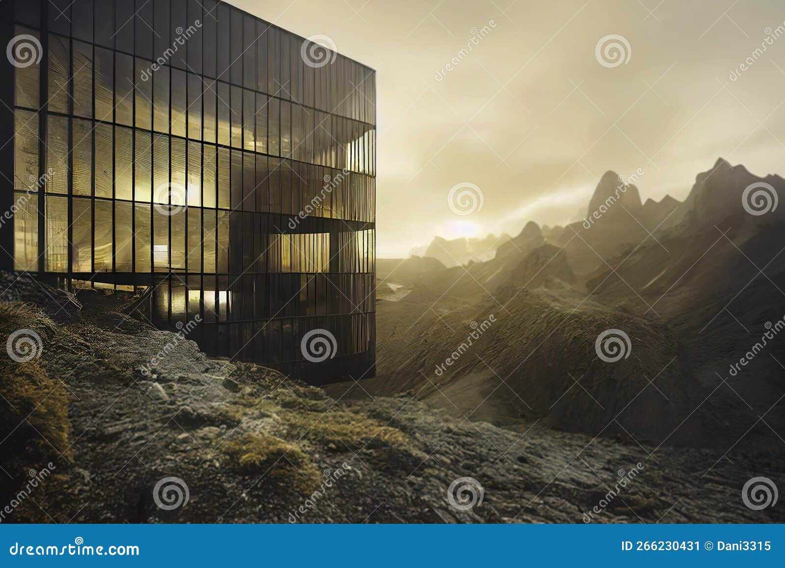 Contemporary House on a Cliff Overlooking the Mountains Stock ...
