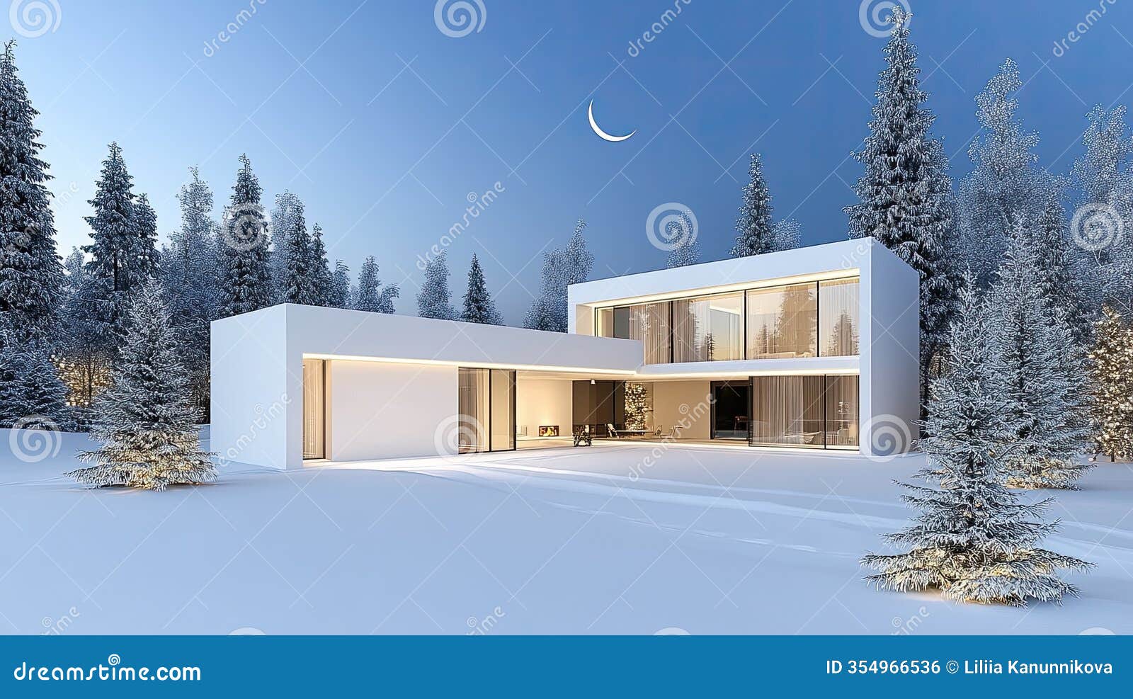 A Contemporary House with White Cladding and Glass Windows Glows Warmly ...