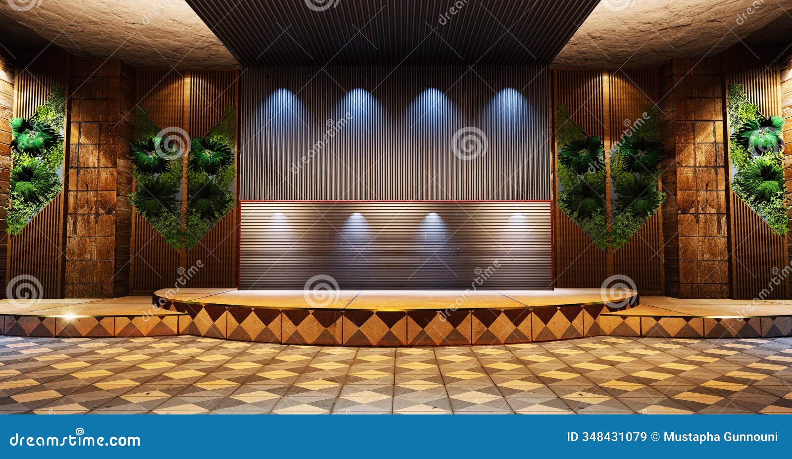 Contemporary Indoor Stage Featuring Geometric Tile Patterns and Lush ...