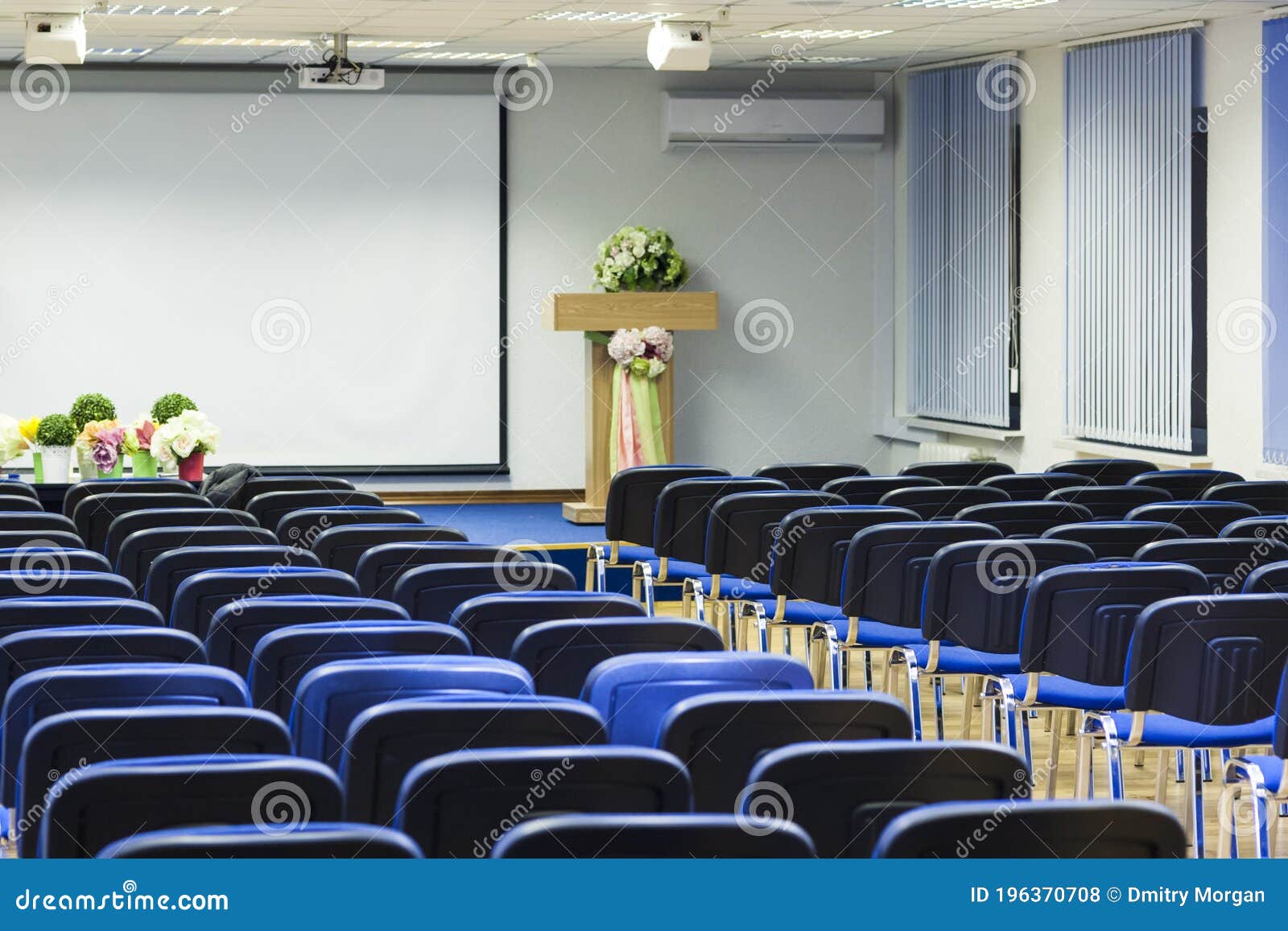 Contemporary Interior of Empty Conference Room with Blue Chairs in ...