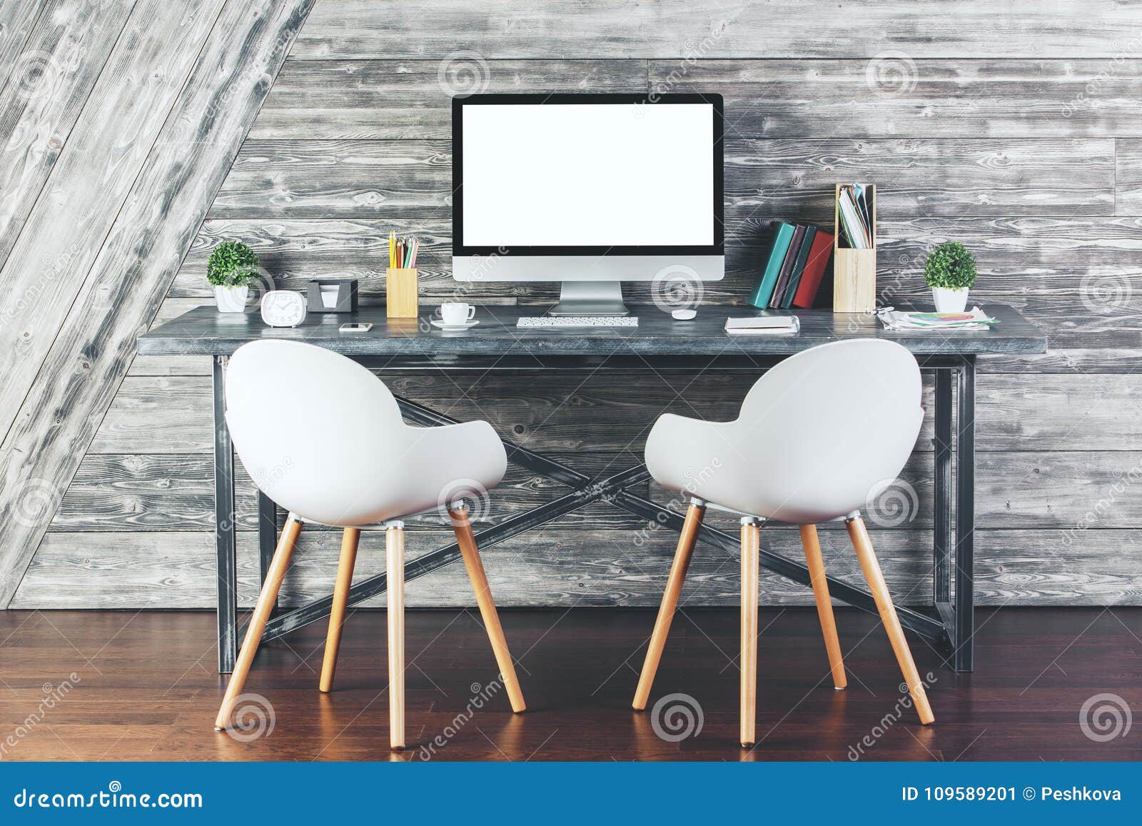 Contemporary Interior with Empty White Computer Stock Illustration ...