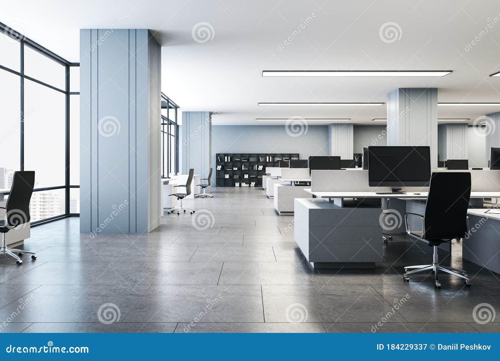 Contemporary Interior Office with Computers on Desk Stock Illustration ...