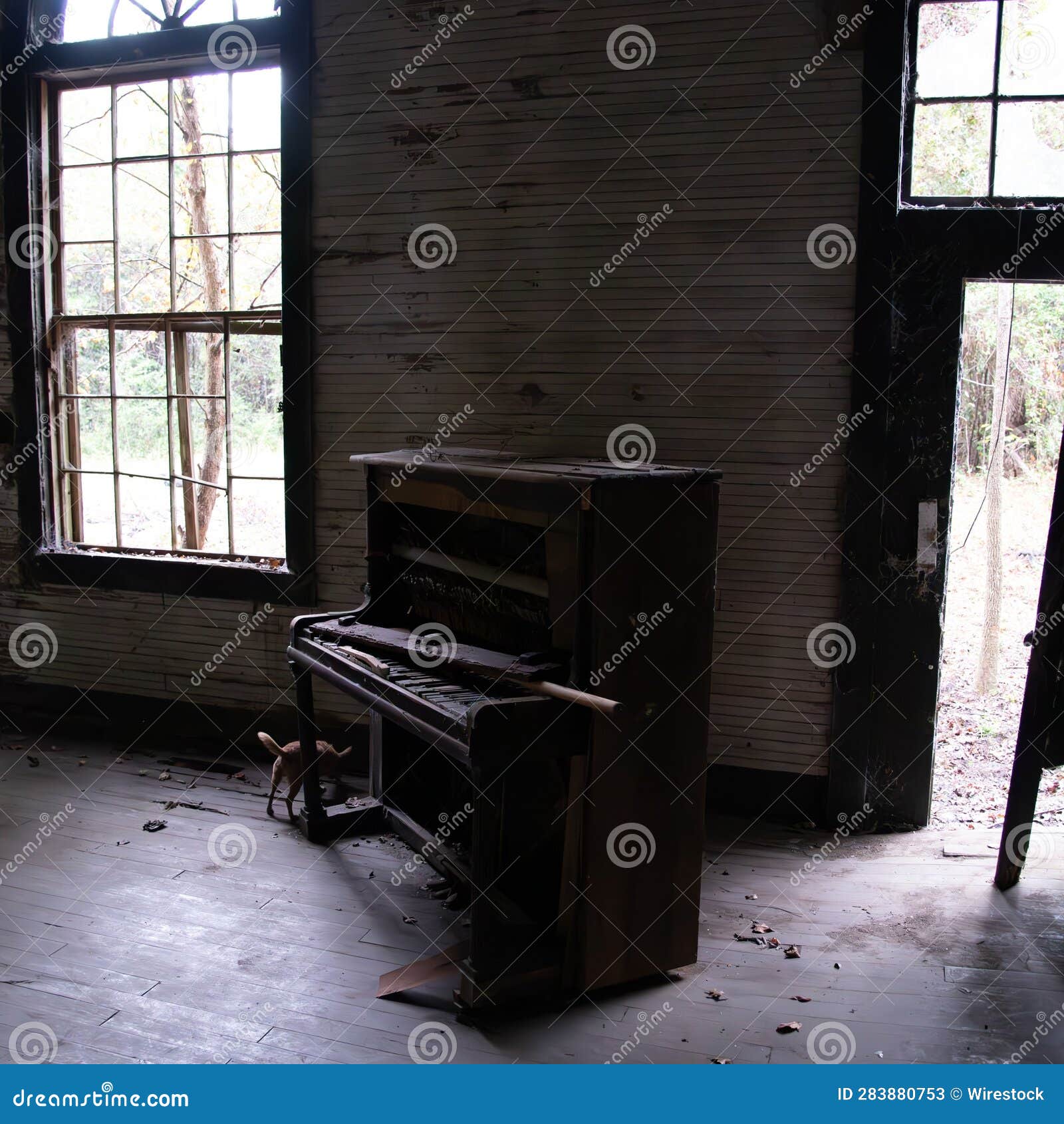 Contemporary Interior Scene Featuring a Wooden Piano and Multiple Large ...