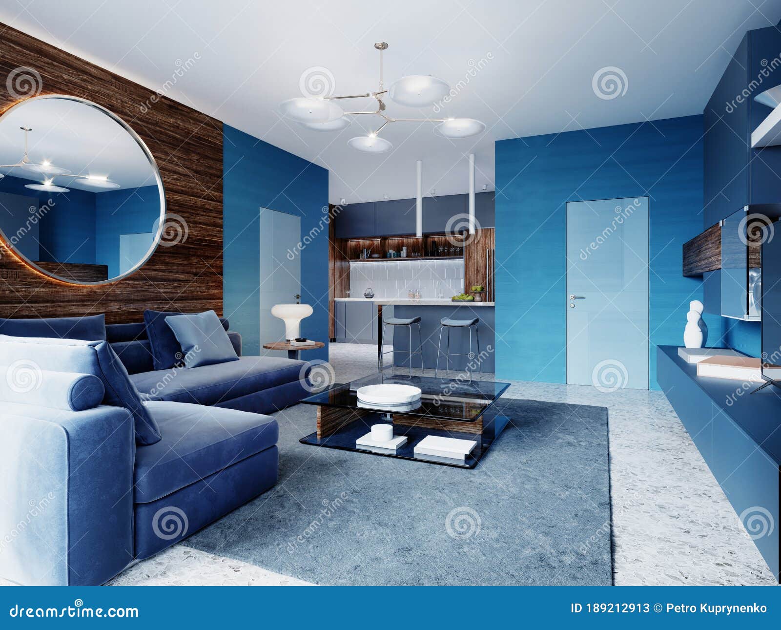 Contemporary Interior Studio Living Room in Blue Colors Stock ...