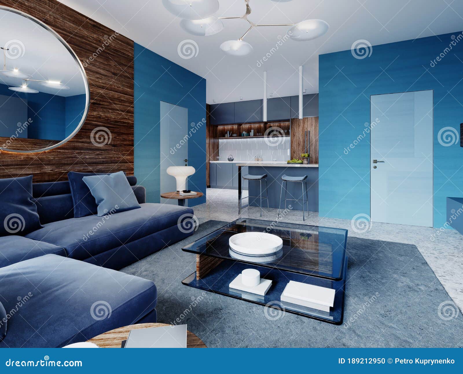 Contemporary Interior Studio Living Room in Blue Colors Stock ...