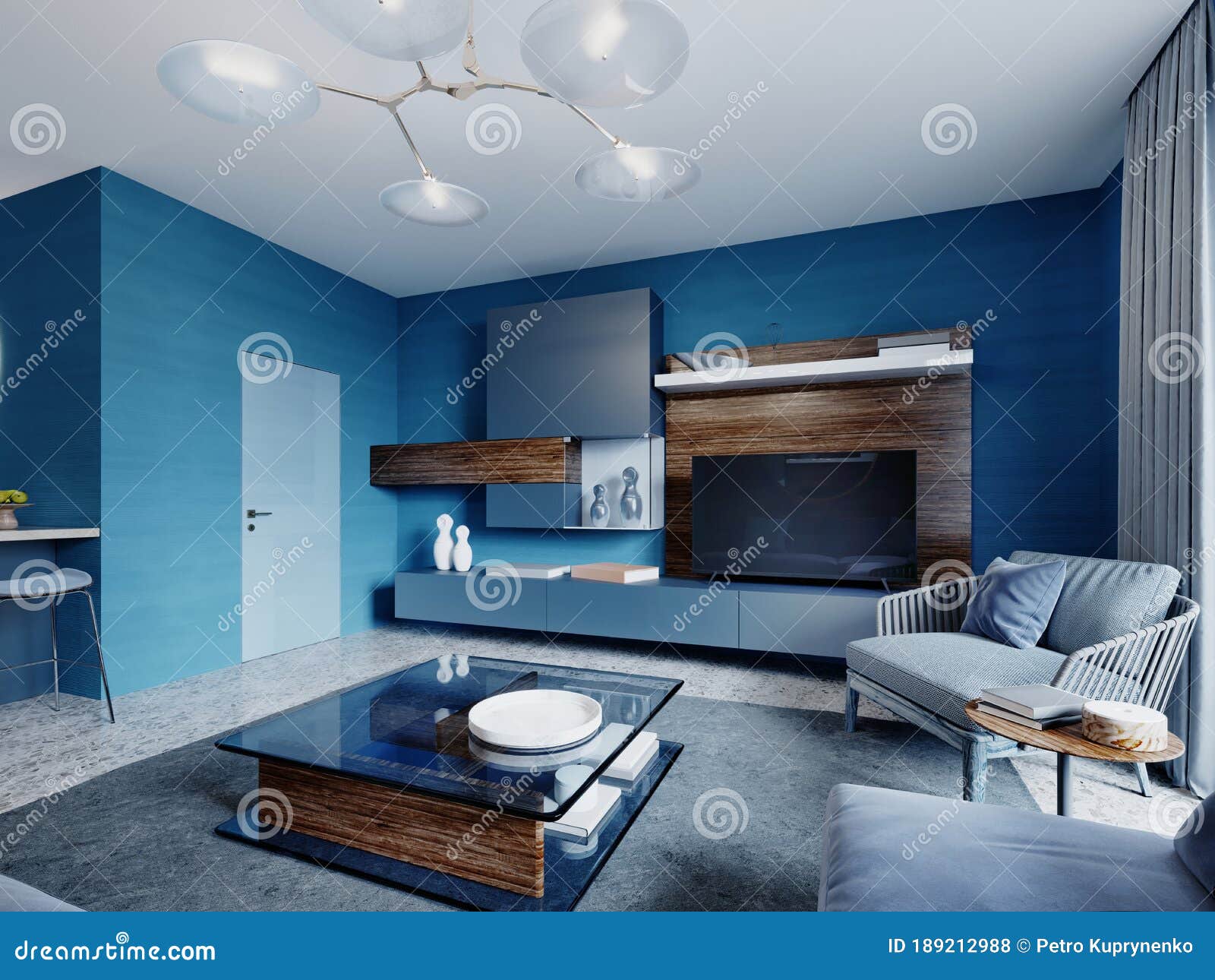 Contemporary Interior Studio Living Room in Blue Colors Stock ...