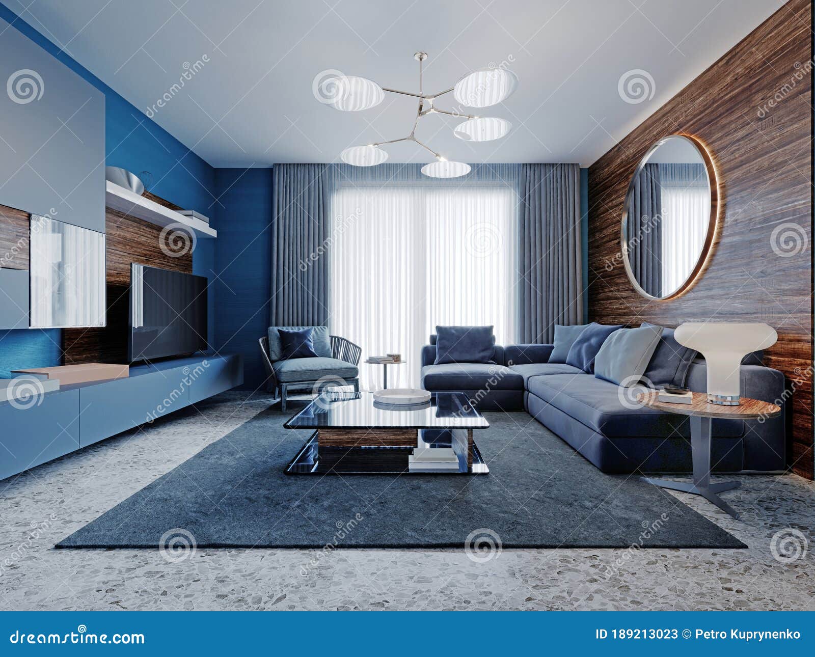 Contemporary Interior Studio Living Room in Blue Colors Stock ...
