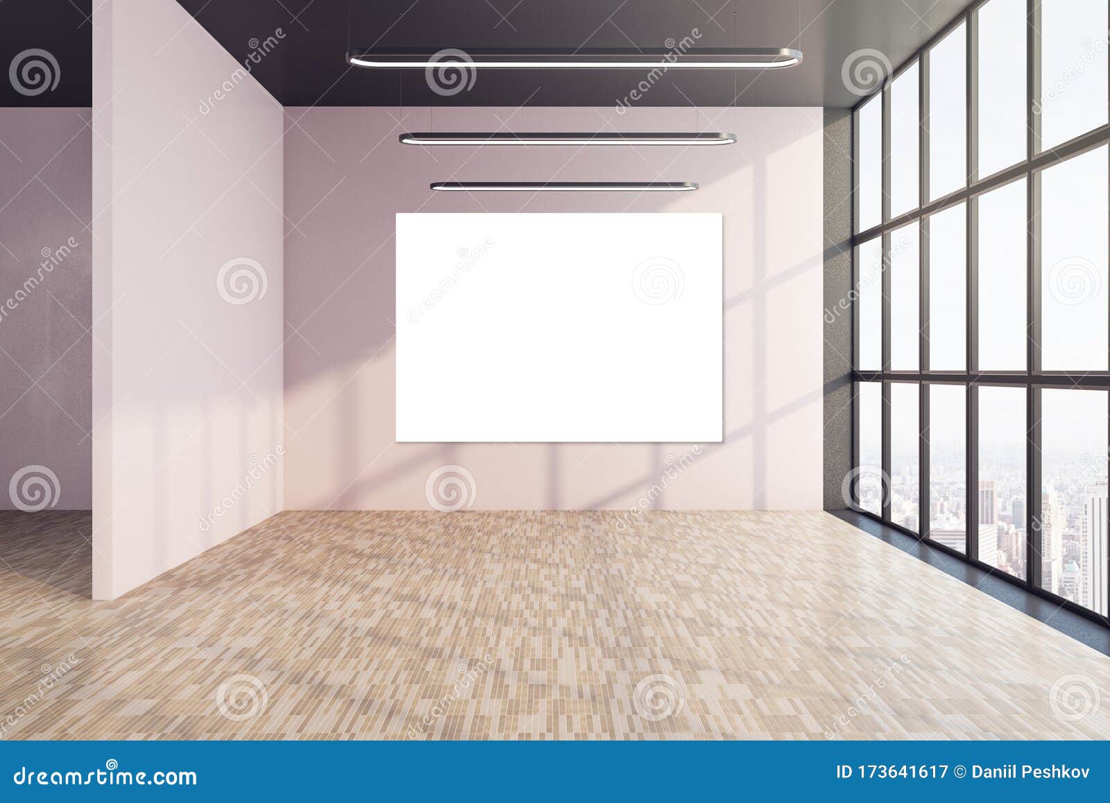 Contemporary Interior with Window and Blank Poster Stock Illustration ...