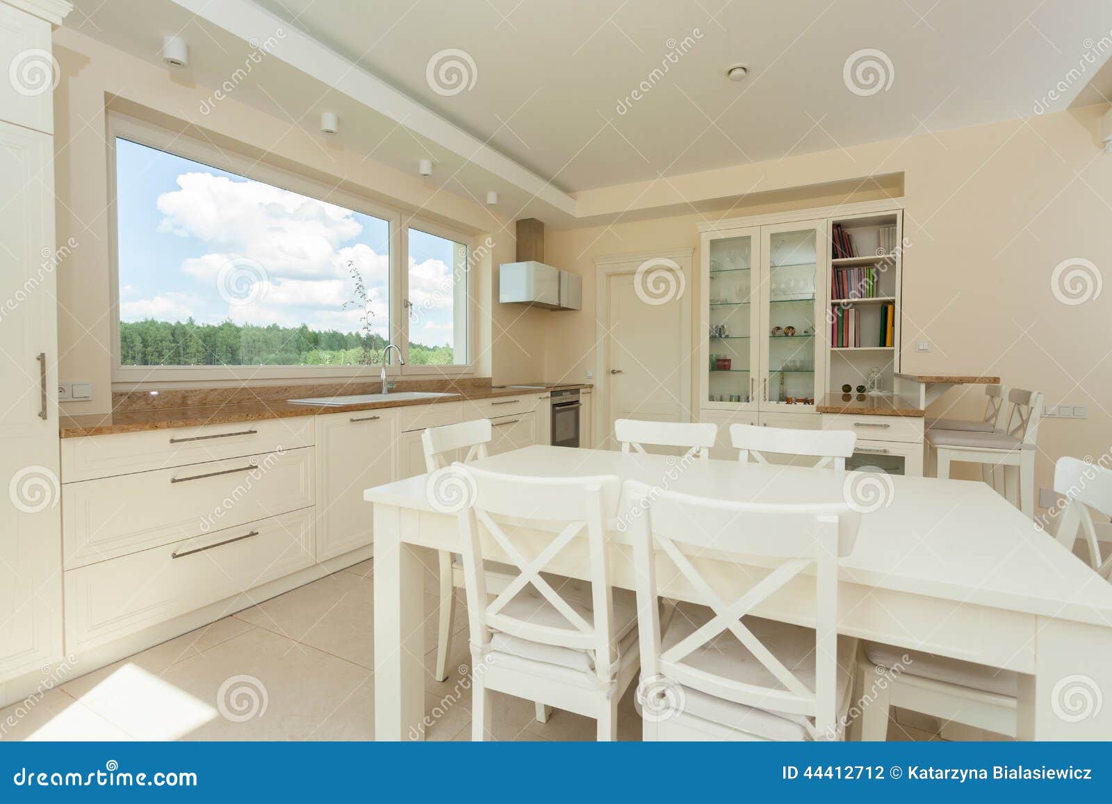 Contemporary Kitchen with Big White Table Stock Photo - Image of ...