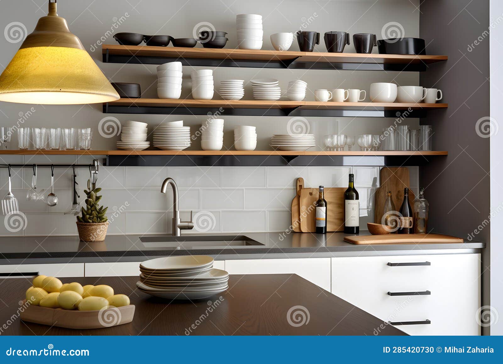 Contemporary Kitchen with an Empty Wall and a Small Open Shelf Holding ...