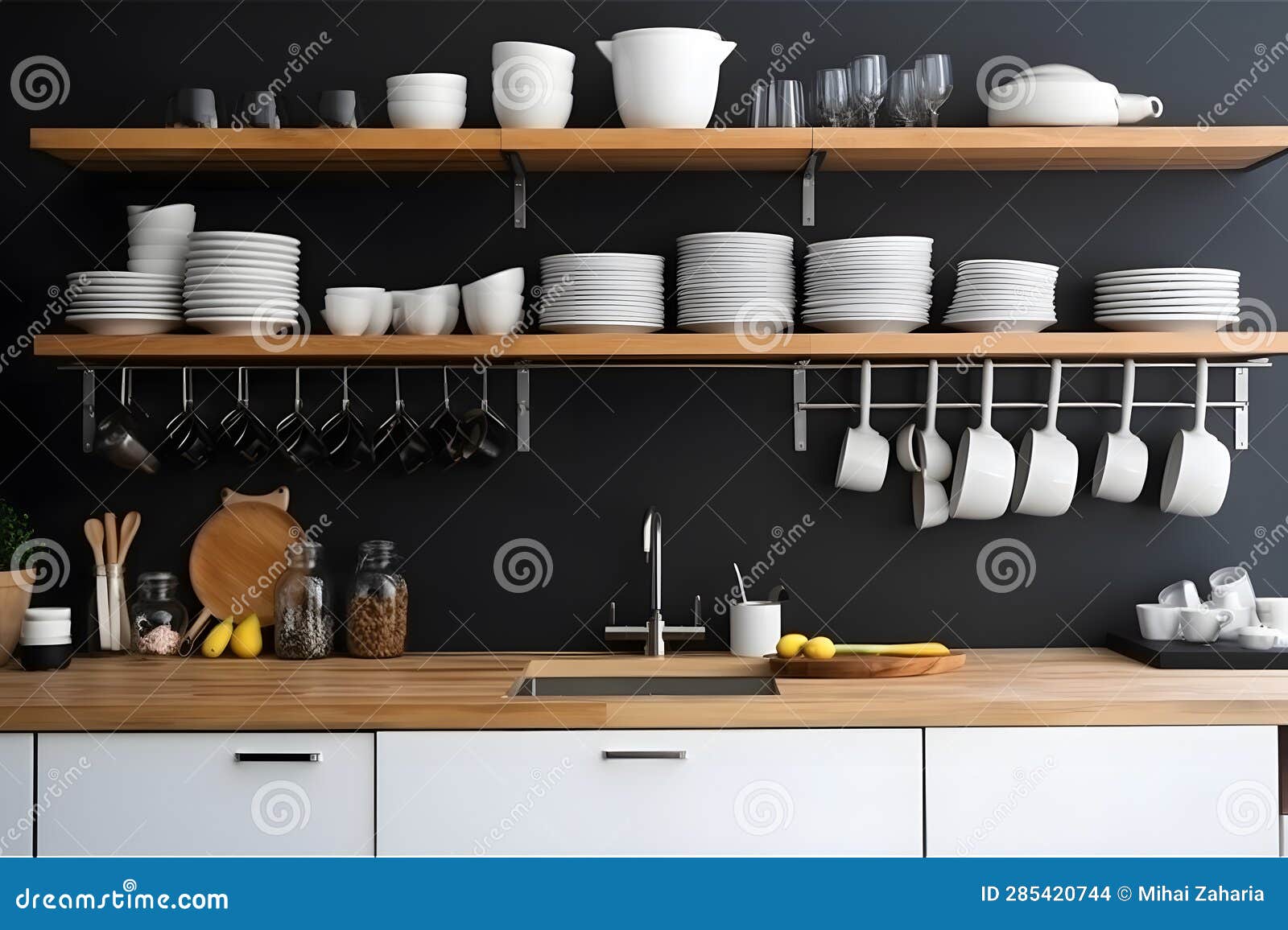 Contemporary Kitchen with an Empty Wall and a Small Open Shelf Holding ...
