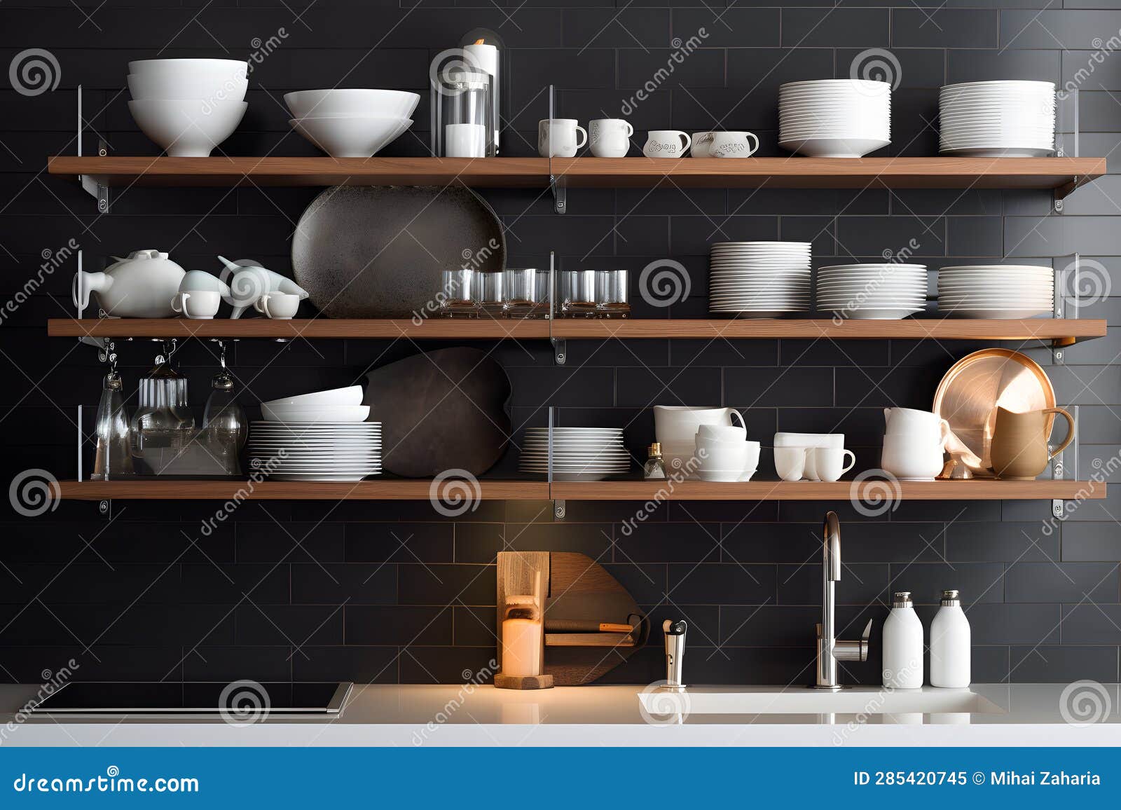 Contemporary Kitchen with an Empty Wall and a Small Open Shelf Holding ...