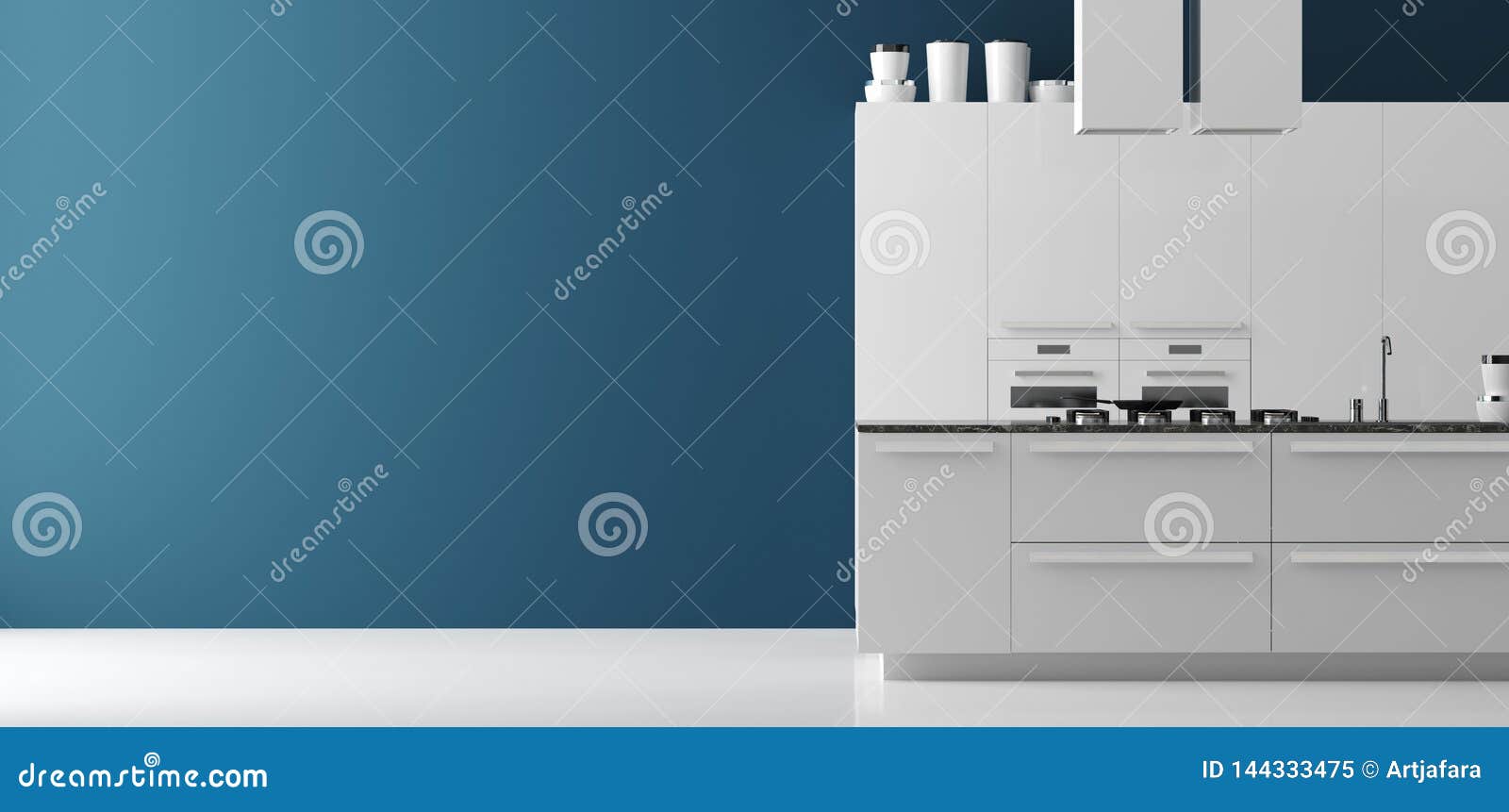 Contemporary Kitchen Interior Panoramic View, Wall Mock Up, Modern ...