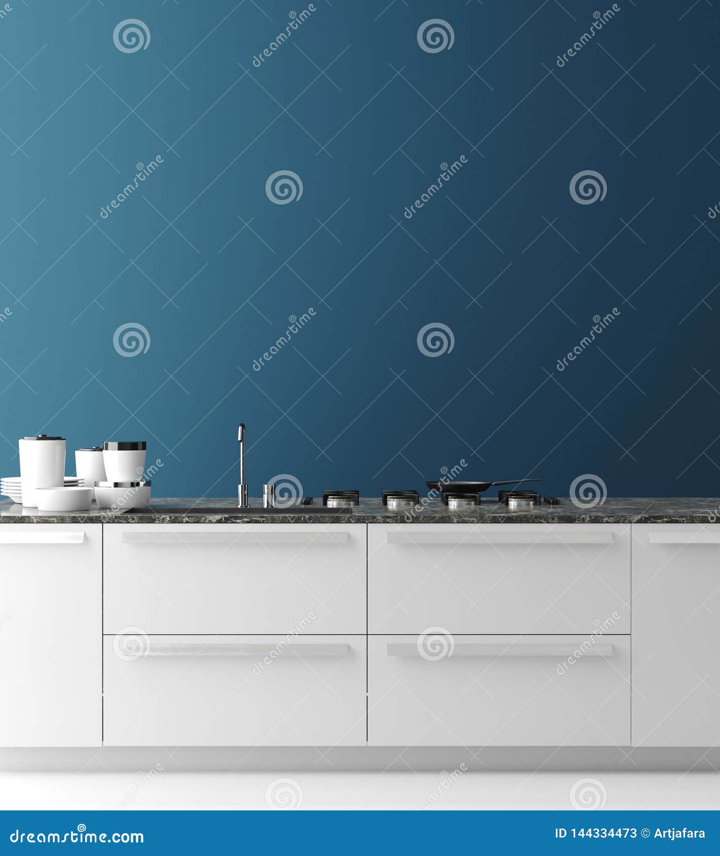 Contemporary Kitchen Interior Panoramic View, Wall Mock Up, Modern ...