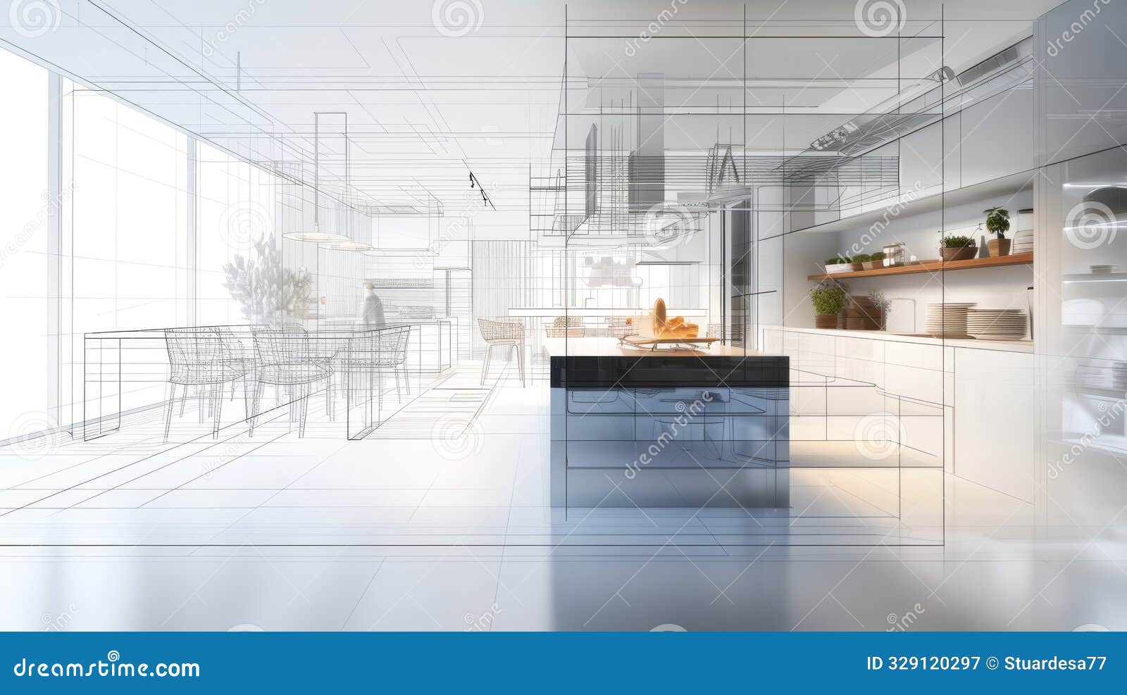 Contemporary Kitchen Layout Blending Schematic and Finished View Stock ...
