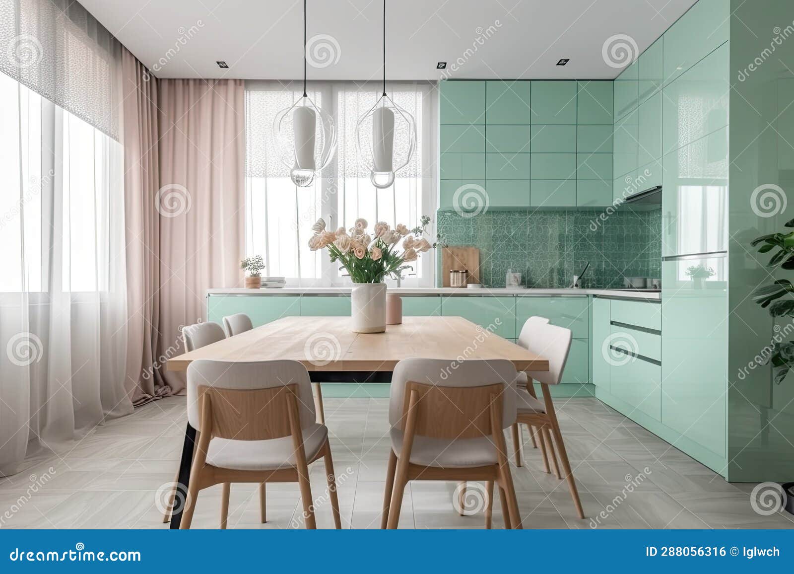 Contemporary Kitchen with Dining Table and Modern Integrated Appliances ...