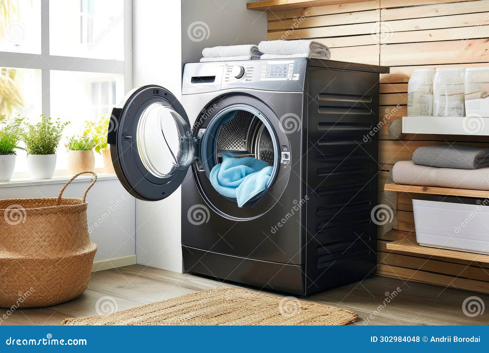 Contemporary Laundry Solutions: Black Washer Unveiled. Stock ...