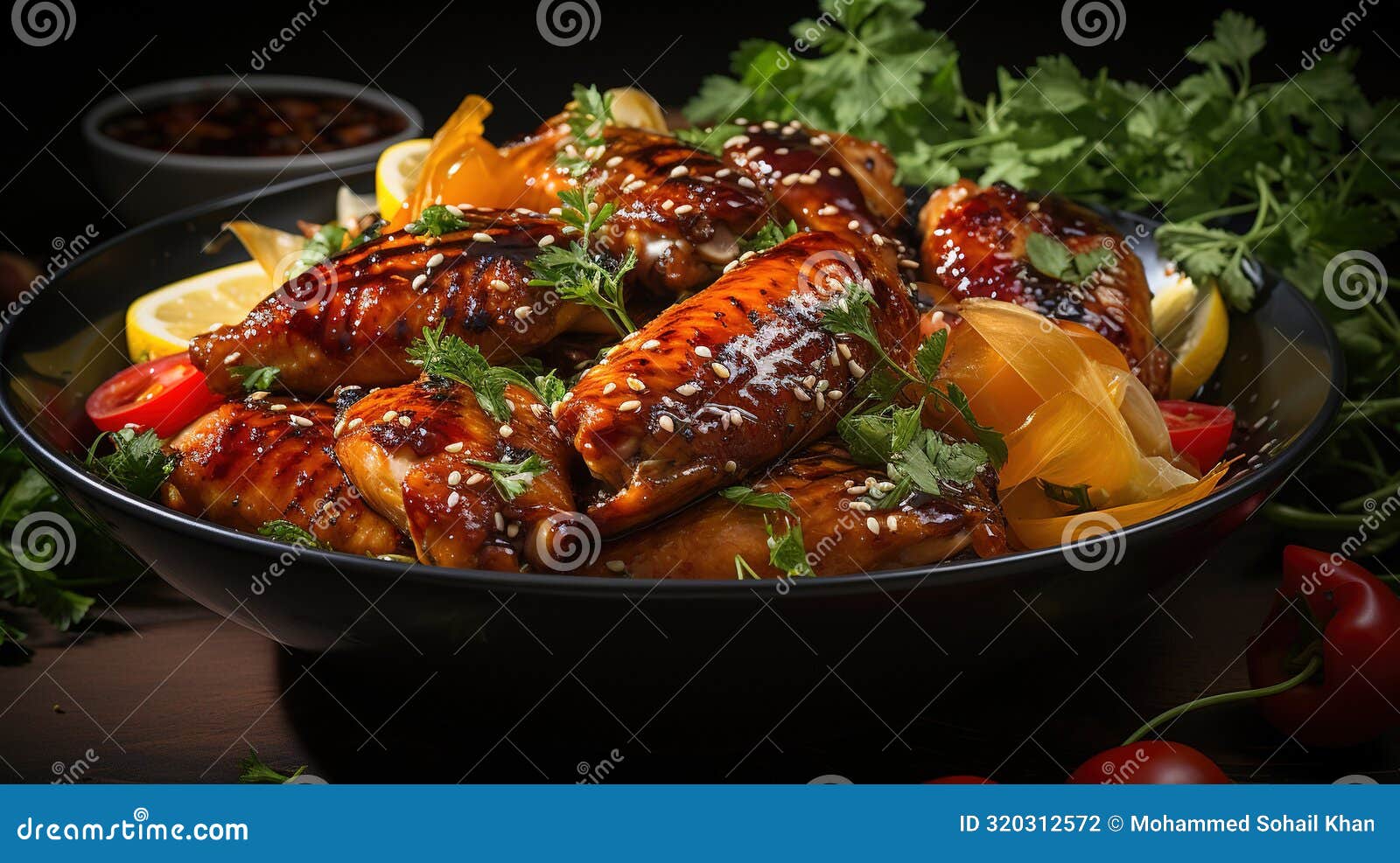 Contemporary Marinated Chicken Claws in Plate Garnished with Leafy ...