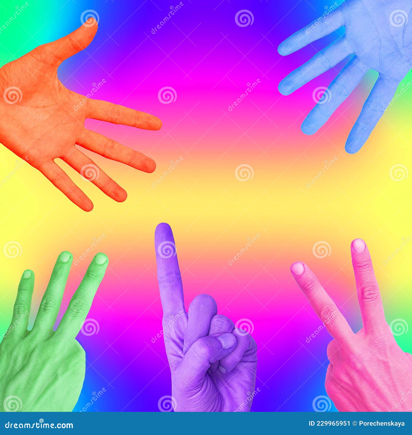 Contemporary Minimal Art Collage. Hands Gestures on a Rainbow ...