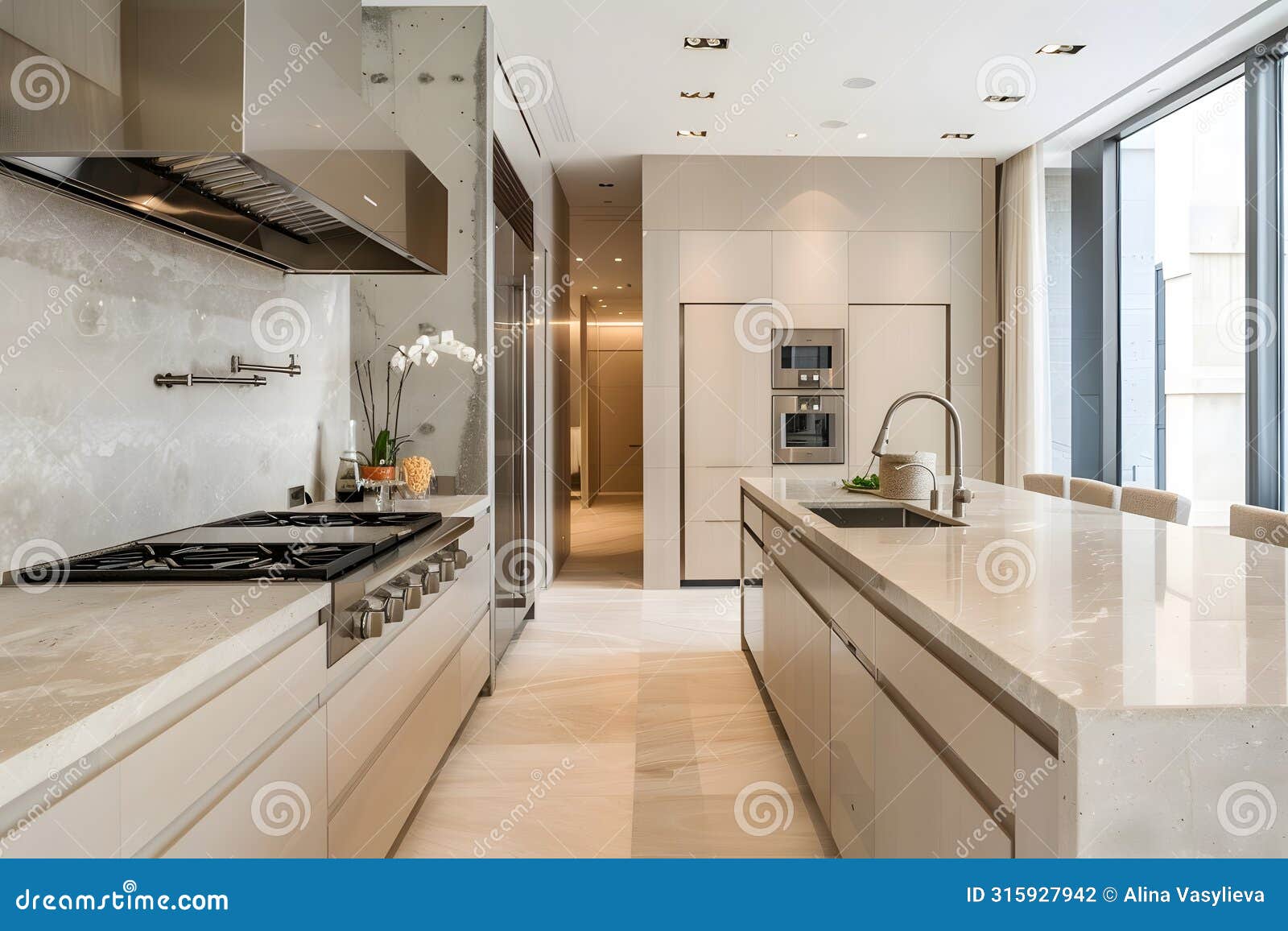 Contemporary Modern Kitchen Interior in Beige Colors and Concrete ...