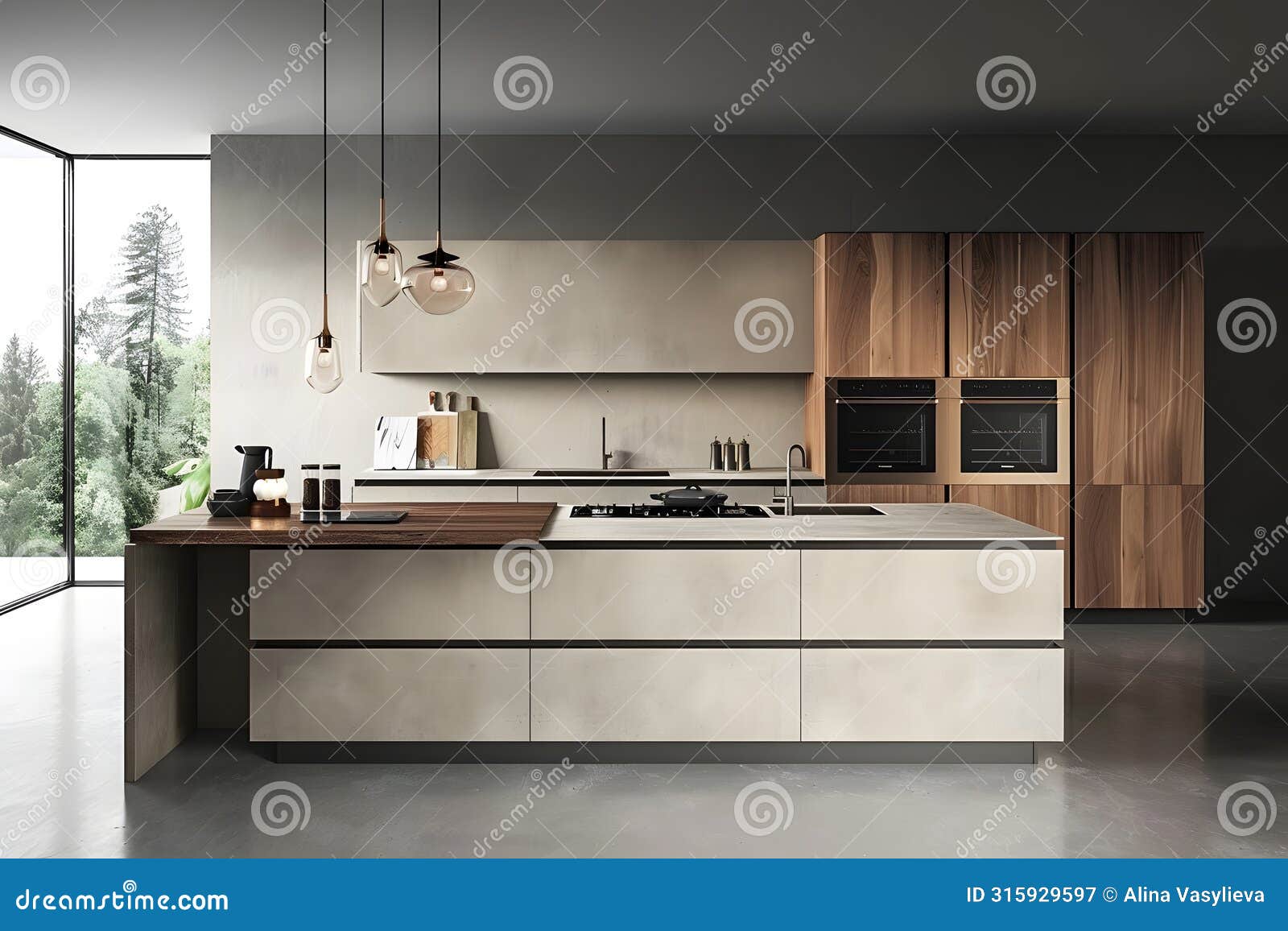 Contemporary Modern Kitchen Interior in Beige Colors and Concrete ...