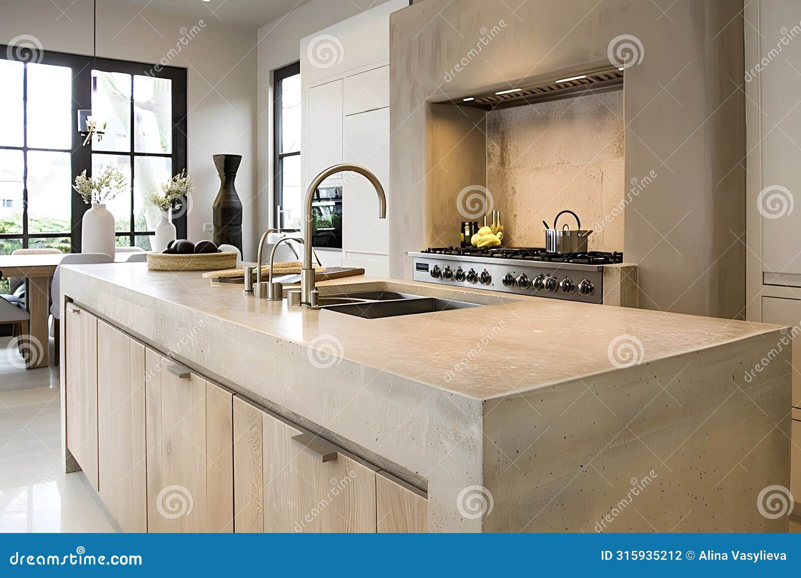 Contemporary Modern Kitchen Interior in Beige Colors and Concrete ...