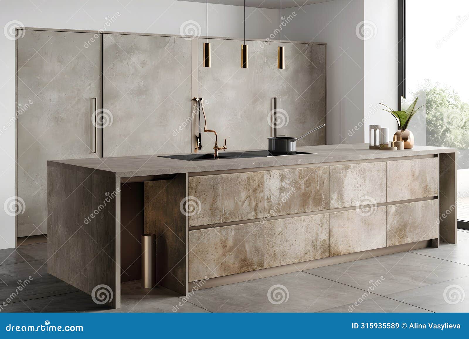 Contemporary Modern Kitchen Interior in Beige Colors and Concrete ...