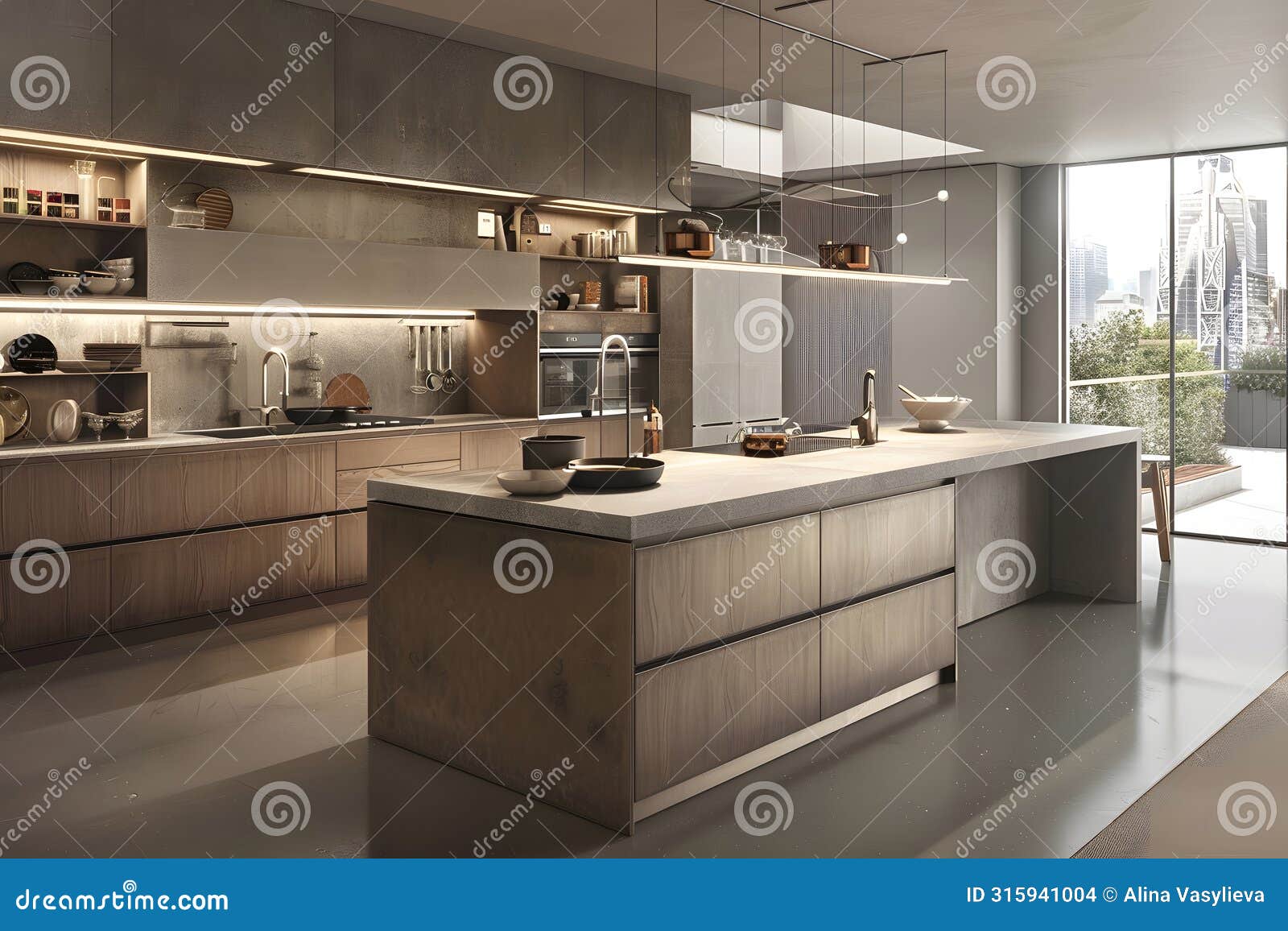 Contemporary Modern Kitchen Interior in Beige Colors and Concrete ...