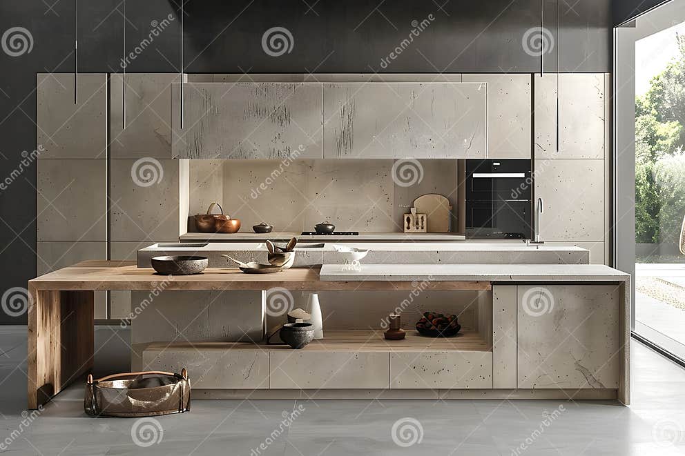 Contemporary Modern Kitchen Interior in Beige Colors and Concrete ...