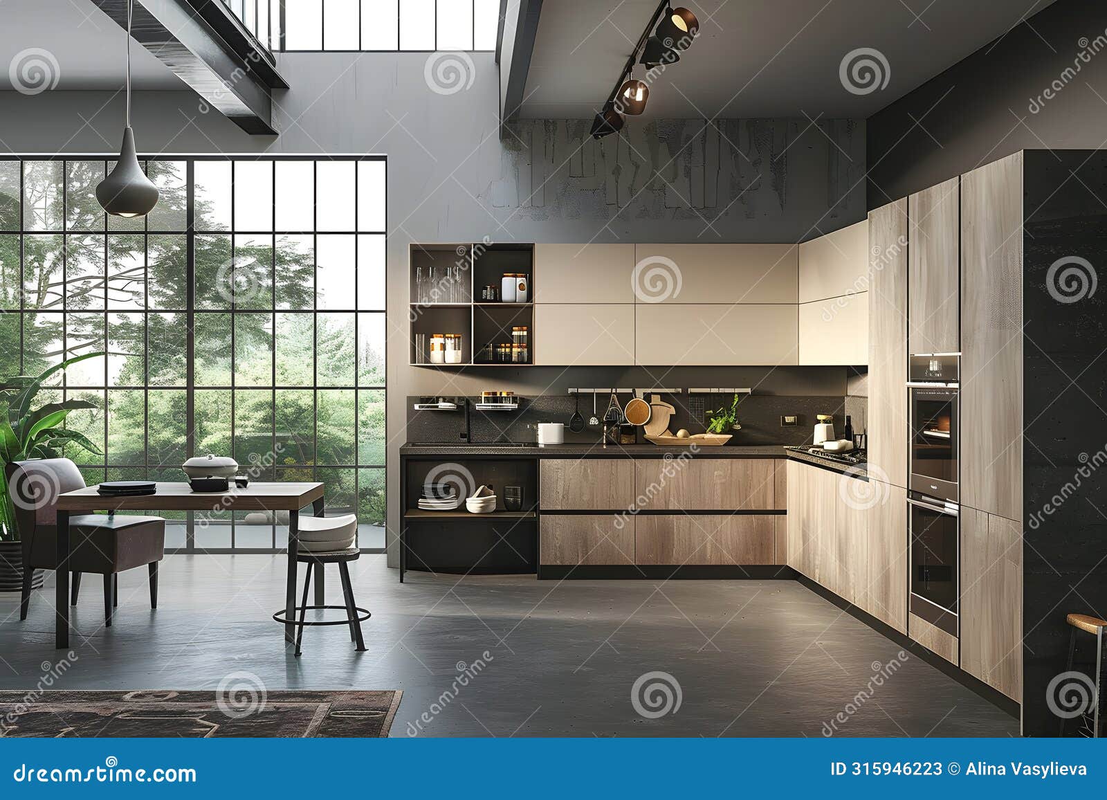 Contemporary Modern Kitchen Interior in Beige Colors and Concrete ...