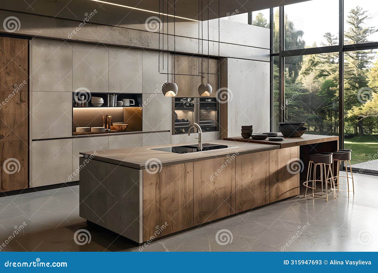 Contemporary Modern Kitchen Interior in Beige Colors and Concrete ...