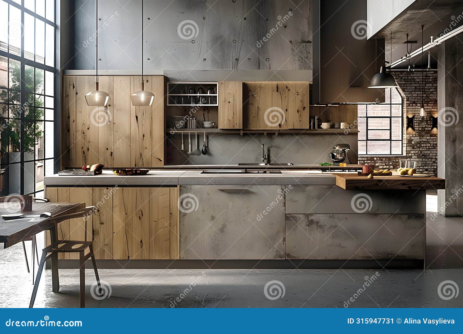 Contemporary Modern Kitchen Interior in Beige Colors and Concrete ...