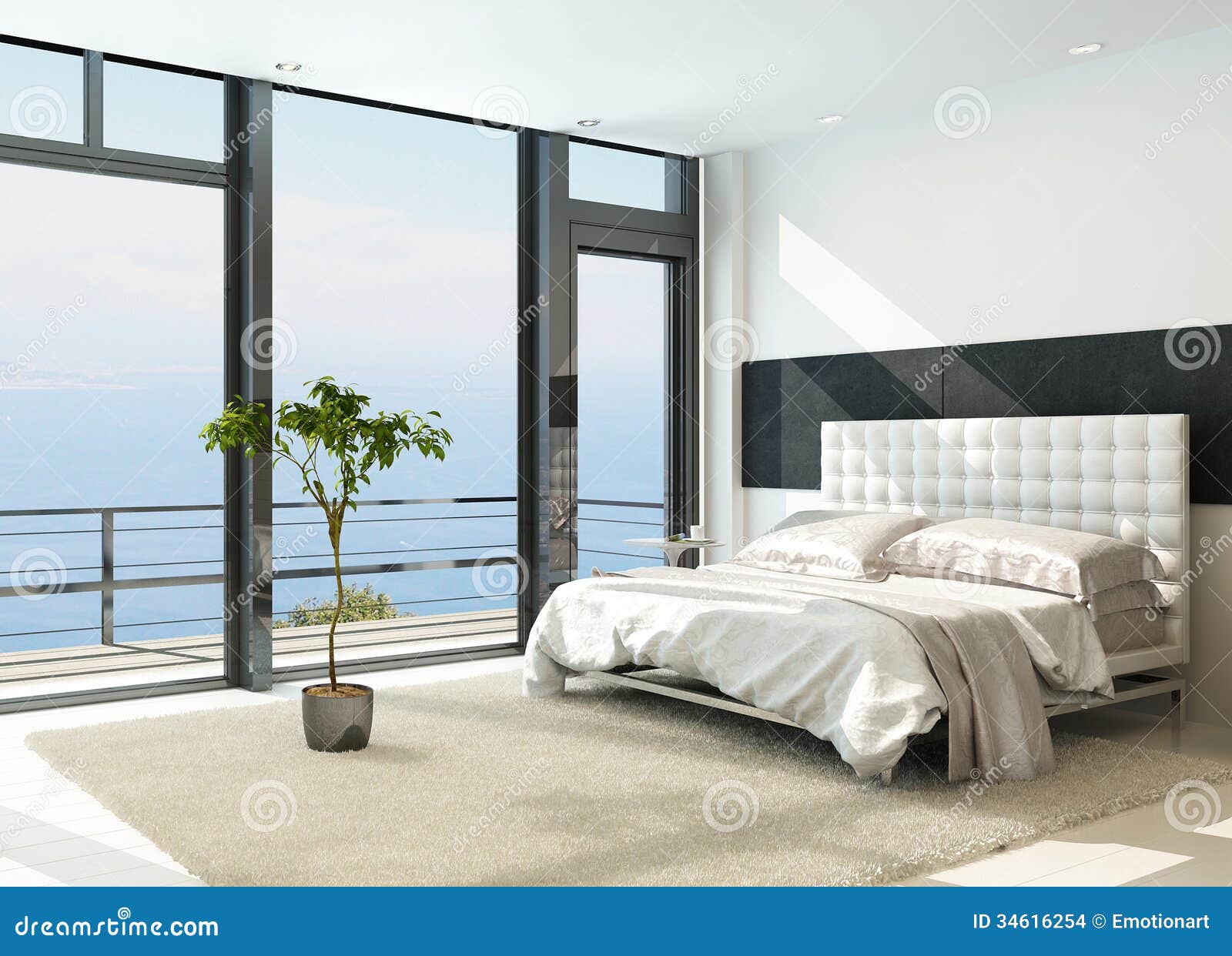 Contemporary Modern Sunny Bedroom Interior with Huge Windows Stock ...