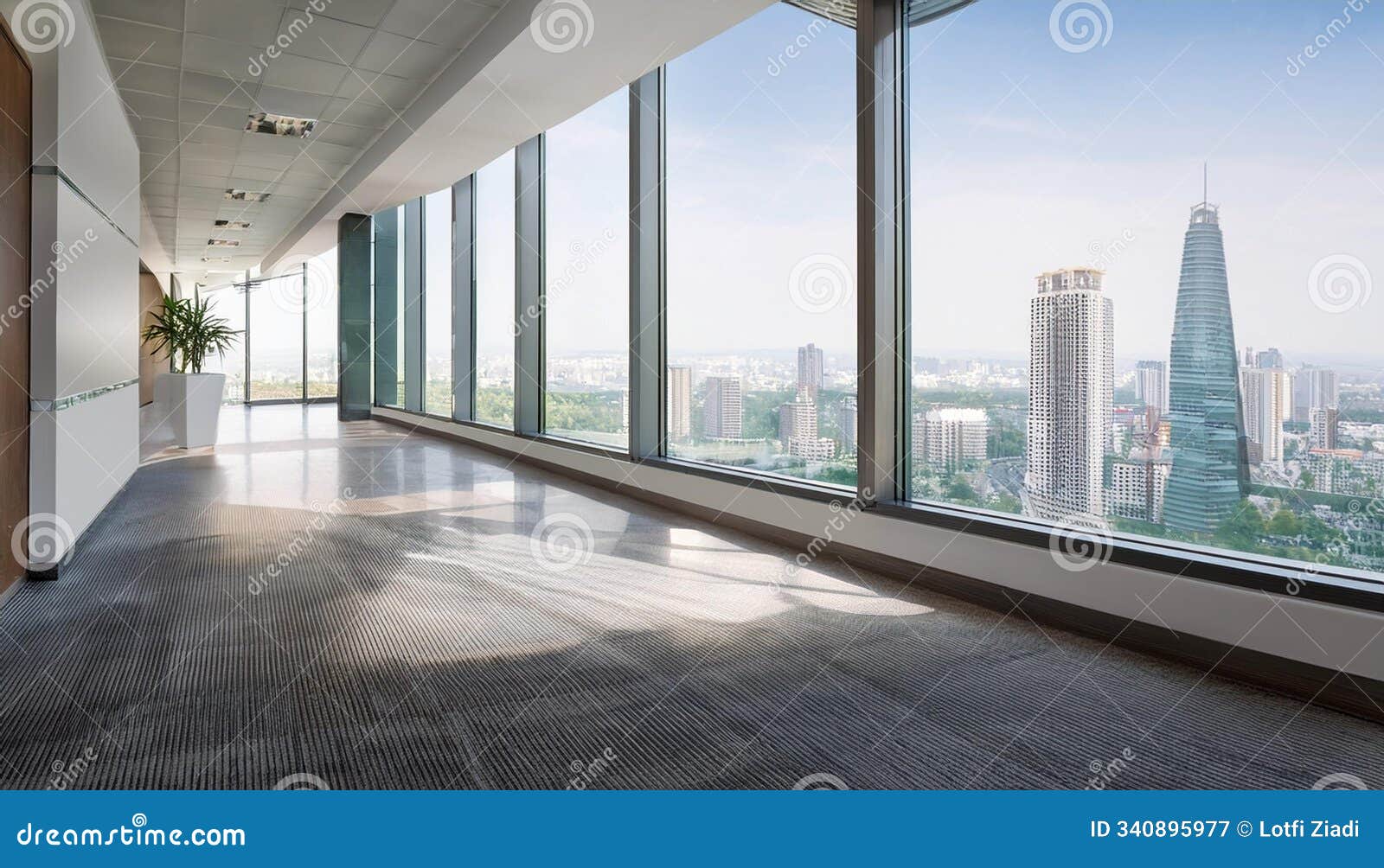 Contemporary Office Corridor with Panoramic Windows, City View ...