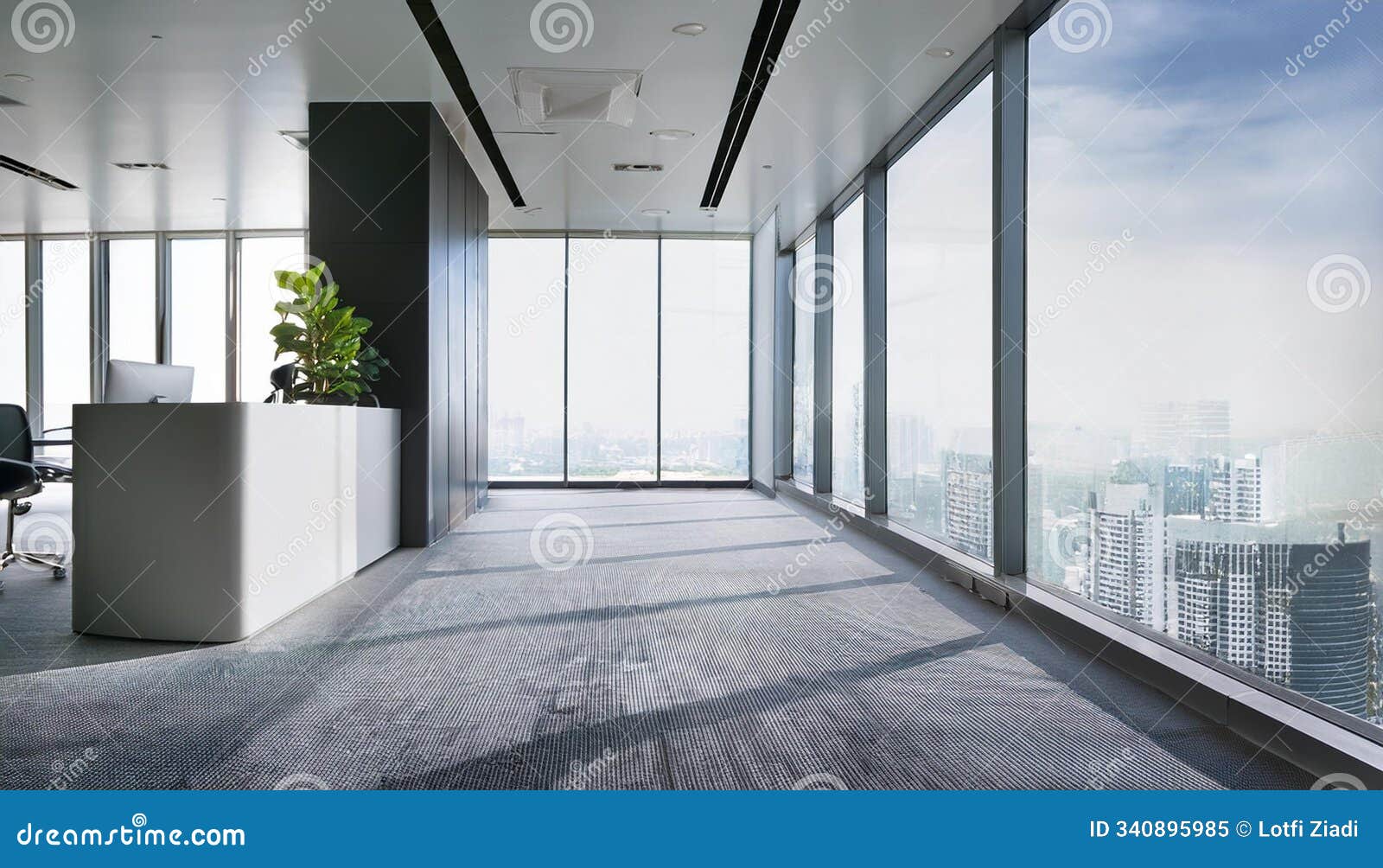 Contemporary Office Corridor with Panoramic Windows, City View ...