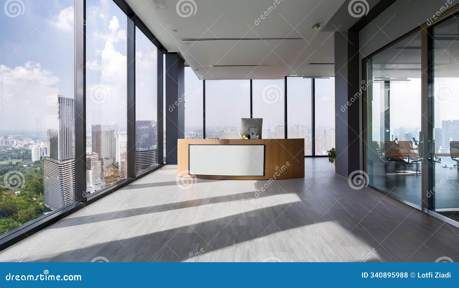 Contemporary Office Corridor with Panoramic Windows, City View ...