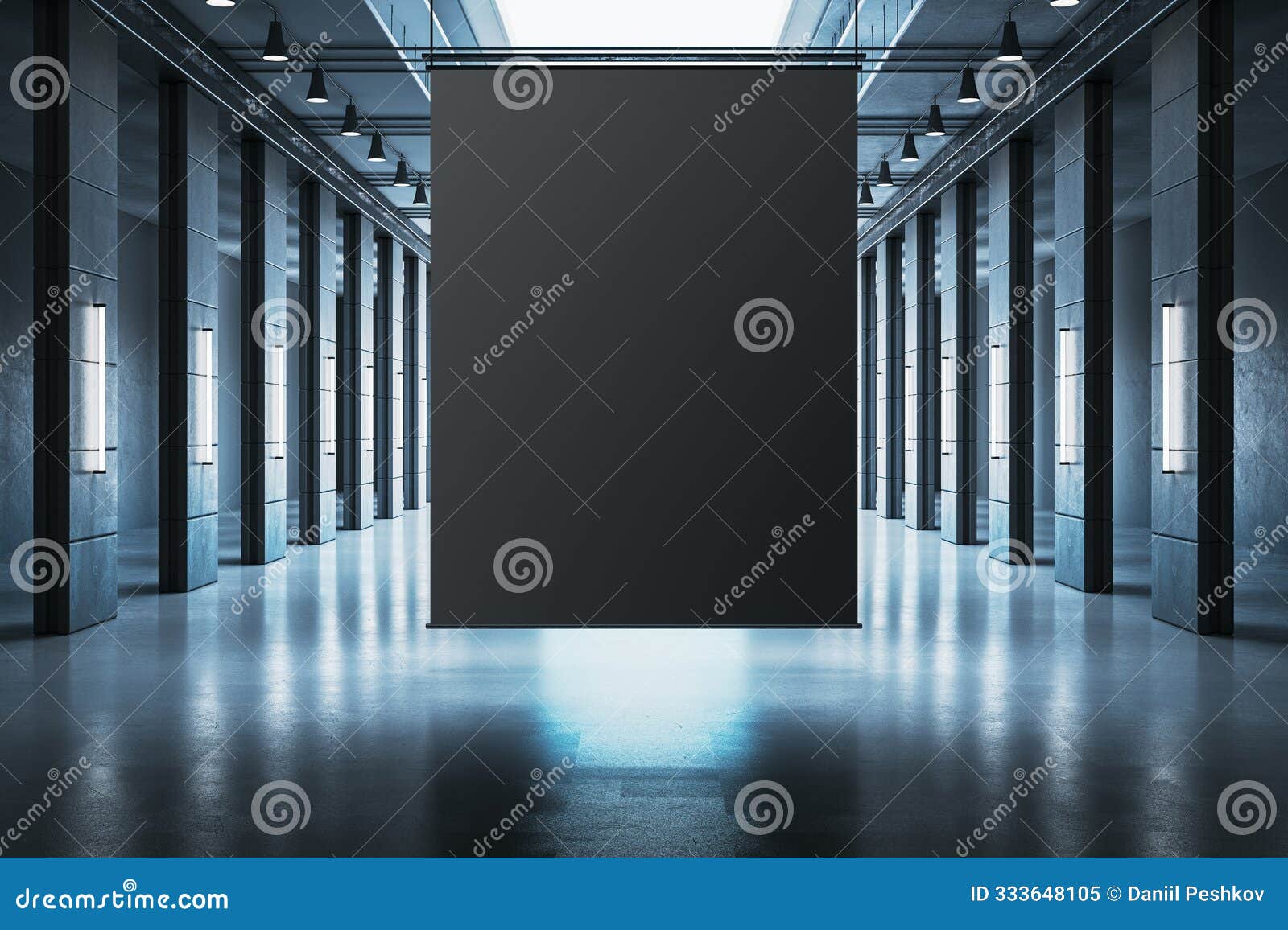 Contemporary Office Corridor with Reflections and Empty Black Mock Up ...