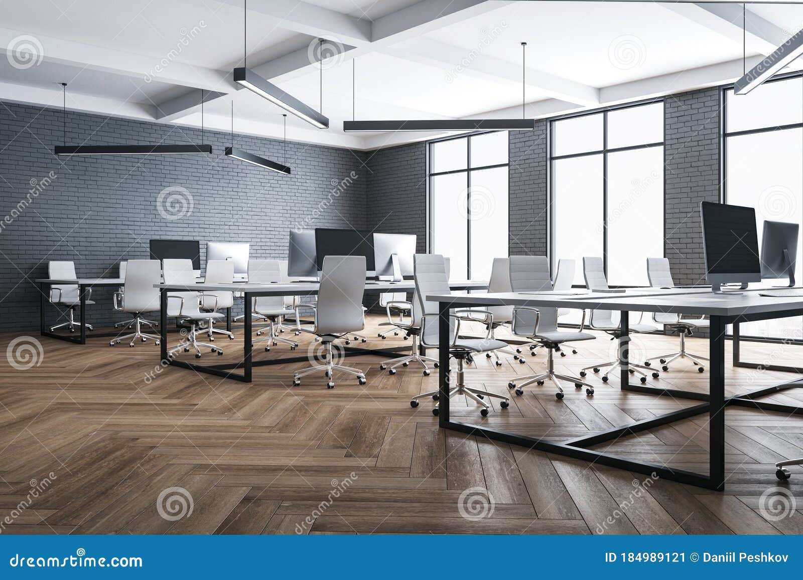 Contemporary Office Interior with Computers on Desk Stock Illustration ...