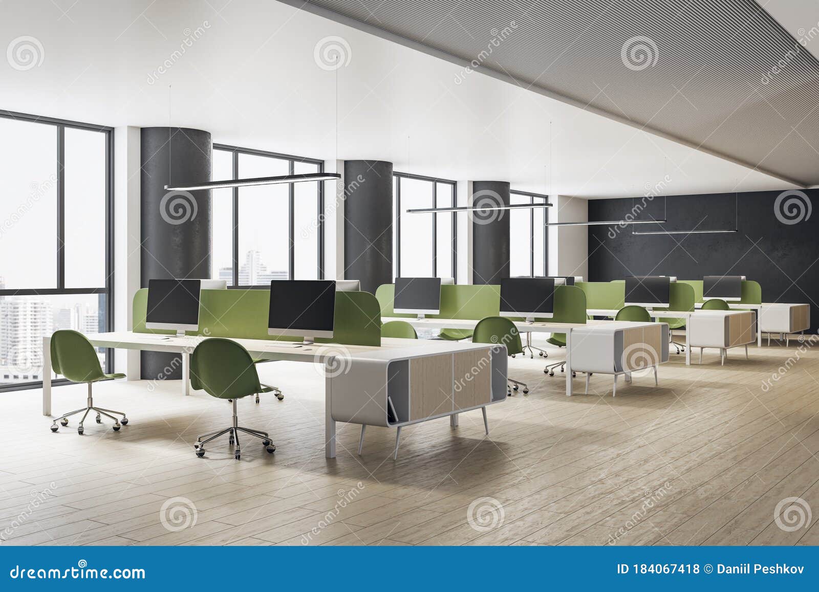 Contemporary Office Interior Hall with Computers and City View Stock ...