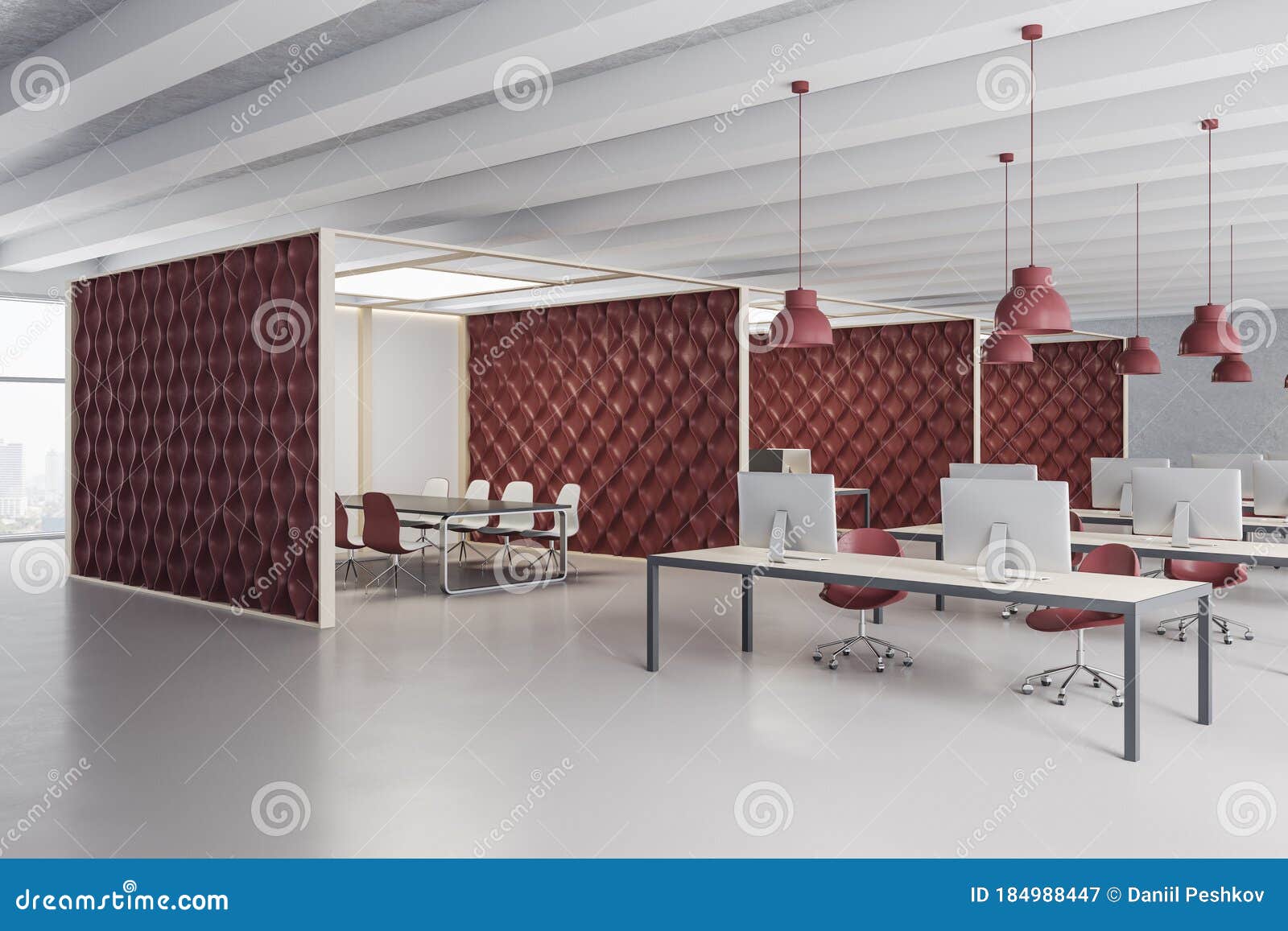 Contemporary Office Interior Hall with Computers and Decorative Red ...