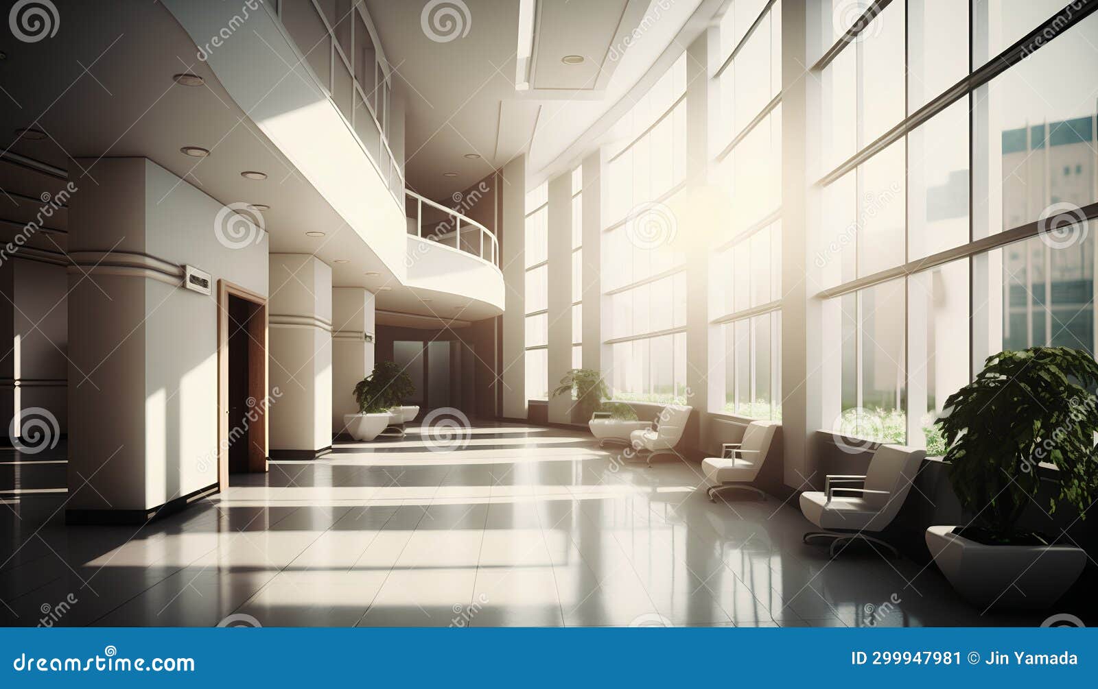 Contemporary Office Interior with Large Windows and Daylight. 3D ...